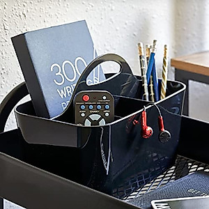mDesign Plastic Small Office Storage Organizer Utility Tote Caddy with Handle for Cabinets, Desks, Workspaces - Holds Desktop Office Supplies, Pencils, Staplers Lumiere Collection, 4 Pack, Black