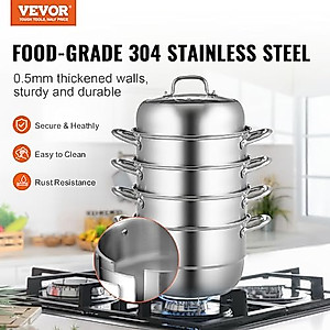 VEVOR Steamer Pot 11.8in/30cm, 5 Tier Steamer Pot for Cooking with 10QT Stock Pot, 3 Vegetable Steamers & 2 Steaming Trays, Food-Grade 304 Stainless Steel Food Steamer Cookware for Gas Electric Stove