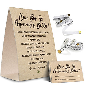 Kraft Paper How Big is Mommy's Belly Sign,Guess Mommy's Belly Size Game Kit (1 Standing Sign + 50 Guessing Cards + 3 measuring tapes), Baby Showers Decorations-NPZHB03