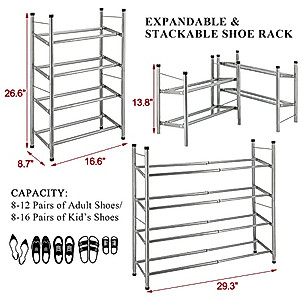 LNYZQUS 4-Tier Expandable Shoe Rack,Sturdy Shoe Shelf Shoe Organizer For Closet,Metal Adjustable Closet Shoe Racks Skinny Shoe Stand For Bedroom Closet-Grey