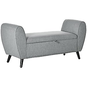 HOMCOM Upholstered Storage Ottoman, Armed Storage Bench with Rubber Wood Legs for Living Room, Light Gray