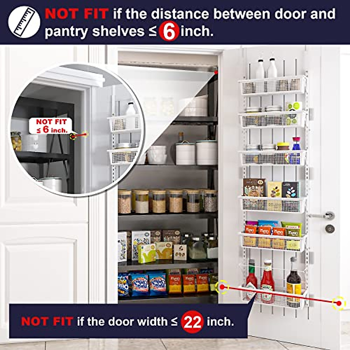 Over the Door Organizer, Adjustable Over Pantry Door Storage with 6 Deep Basket Hanging Over Door Spice Rack Closet Cabinet Door Shelf Organizer for Kitchen Bathroom, Wall Mountable, Modularized Use