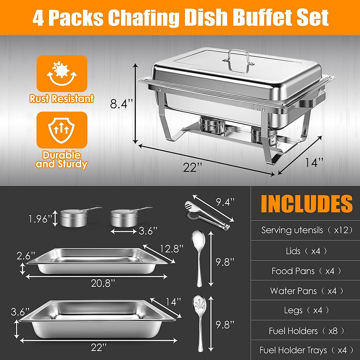 4 Pack Stainless Steel Chafing Dishes Buffet Set with Serving Utensils Sets by Teivio,9 QT Rectangular Silver Chafer Complete Set, Buffet Servers and Food Warmer for Catering, Party, Wedding