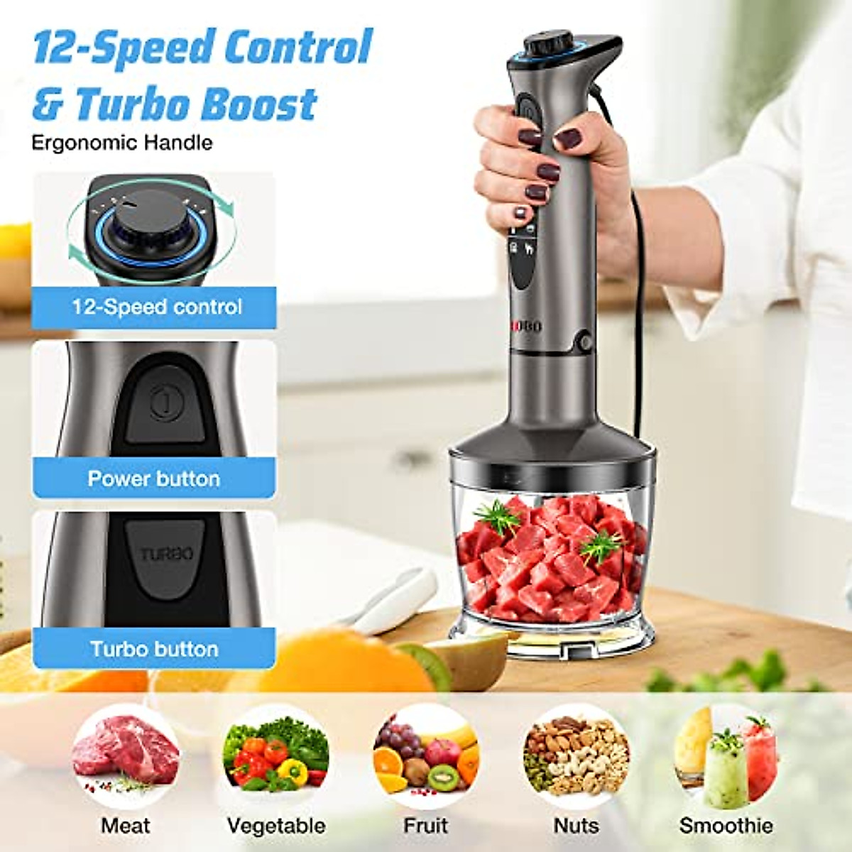 Immersion Blender 7-in-1 1000W Powerful Scratch Resistant Hand Blender, Stick Blender Handheld, 12 Speed and Turbo Mode, Low-Noise, with Beaker Chopper Whisk Milk Frother, BPA-Free