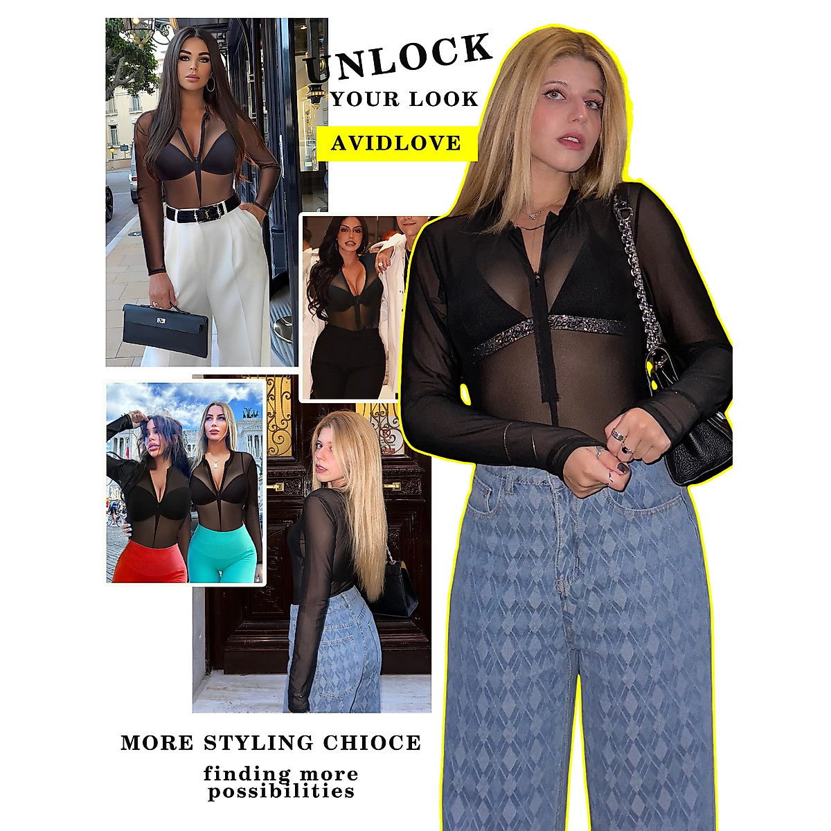 Avidlove Women's Sexy Mesh Long Sleeve Bodysuit Tops Sheer See Through Zipper Leotard Clubwear with Snap Crotch Black L