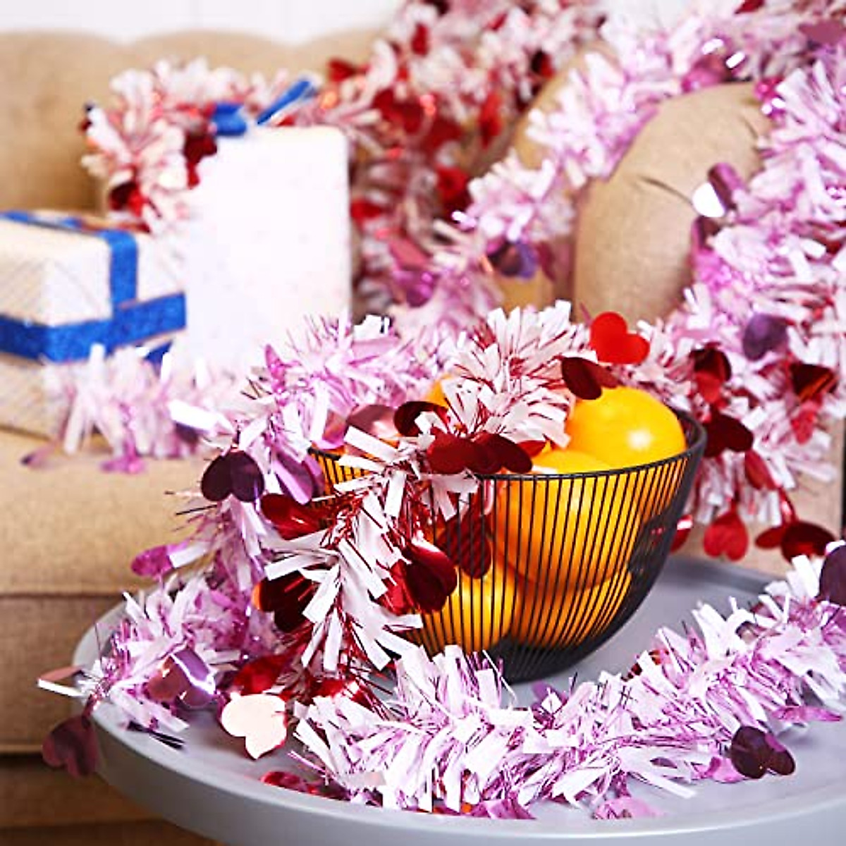 Bememo Valentine's Day Heart Tinsel Love Party Garland Sparkling Hanging Decoration for Valentine Wedding Engagement Anniversary Party Supplies (Total 33 Feet, Style C)