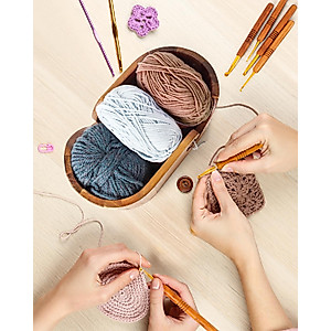 Oval Yarn Bowl, Crochet Yarn Holder with 9pcs Knitting Hooks, Yarn Storage Crochet Bowl Knitting for Crocheters, Large Yarn Bowl Acacia Wooden 11.3x5.9x4.7inch (Acacia Yarn Bowl)