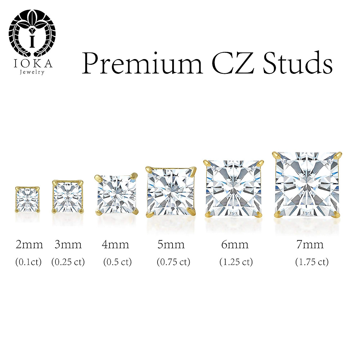 14K Gold Square Solitaire Princess Cut Cubic Zirconia CZ Stud Earrings with Screw Backs in Yellow OR White (0.1-1.75 carats)