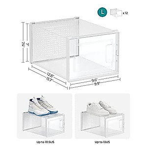 SONGMICS Shoe Boxes, Pack of 12 Shoe Storage Organizers, Stackable Clear Plastic Boxes for Closet, Sneakers, 9.9 x 13.7 x 7.4 Inches, Fit up to US Size 13, Transparent and White ULSP12MWT