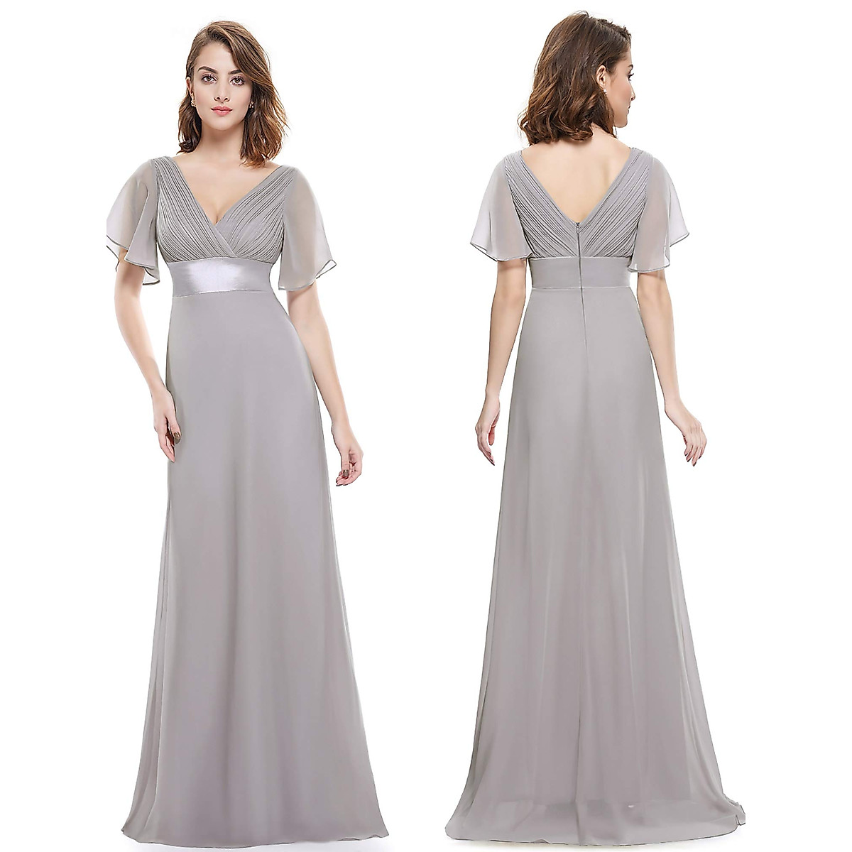 Ever-Pretty Women's Classic Chiffon Short Sleeve Pleated V-Neck Floor Length Bridesmaid Dresses Grey US14