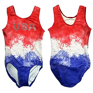 GymnasticsHQ Gymnastics Leotard for Girls - USA Red, White and Blue Rhinestone (CM)