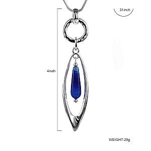 Necklace for Women Fashion Jewelry Long Natural Stone Pendant Statement Silver Necklaces with Gift Box (Blue)