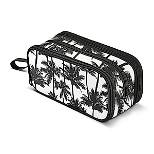 Black Palm Trees Seamless On White Pencil Case, Pen Marker Stationery Bag Holder Pencil Bag Storage Pouch for School College Zipper Pouch Case Office Portable