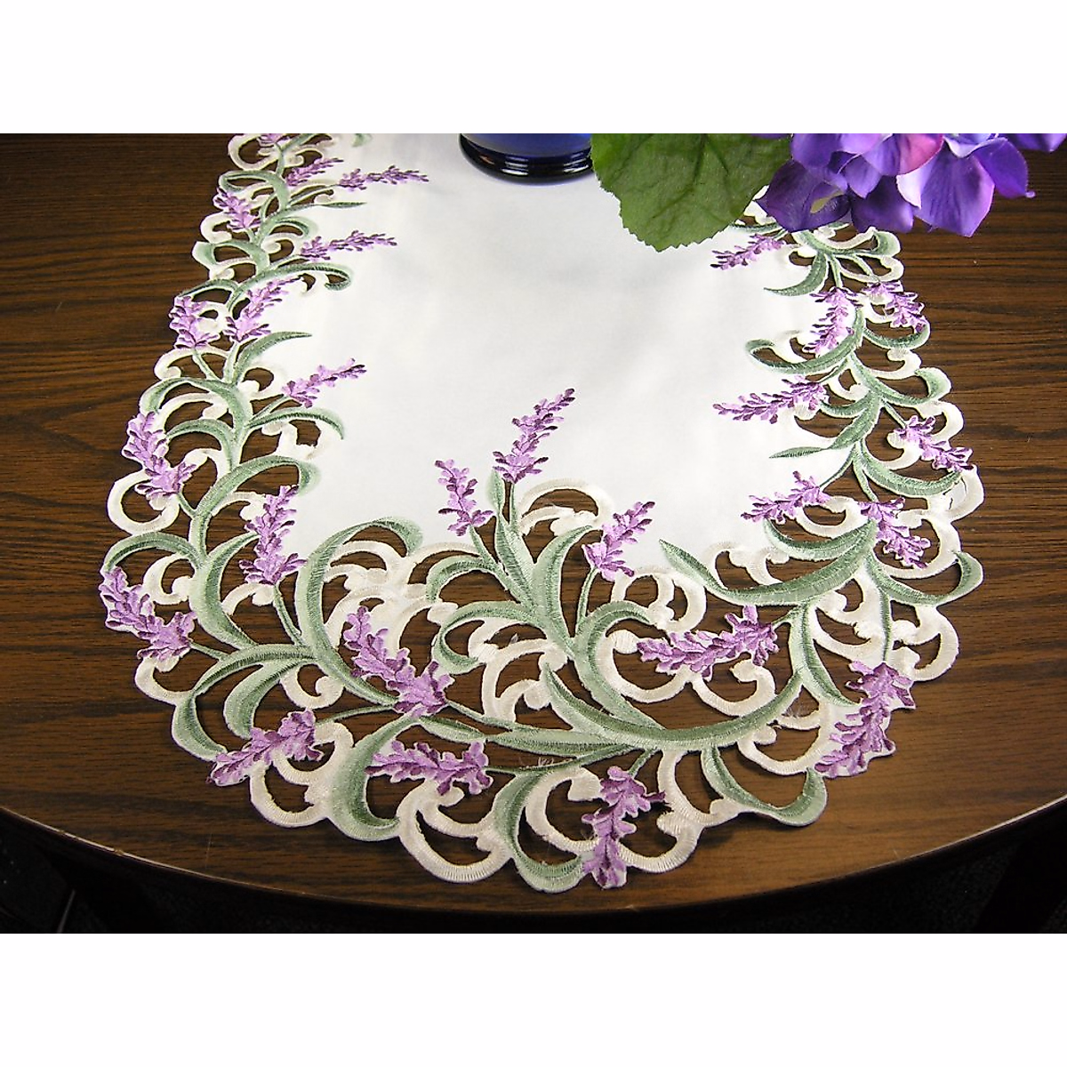 BANBERRY DESIGNS Embroidered Table Runner with Lavender Lilac Flowers on Cream, Approx. 14 by 34 Inch, Machine Washable