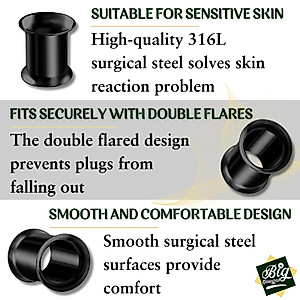 BIG GAUGES Pair of Stainless Steel Zero Gauge 8mm Black Double Flared Piercing Jewelry Ear Stretching Lobe Plug Tunnel Earring BG0107