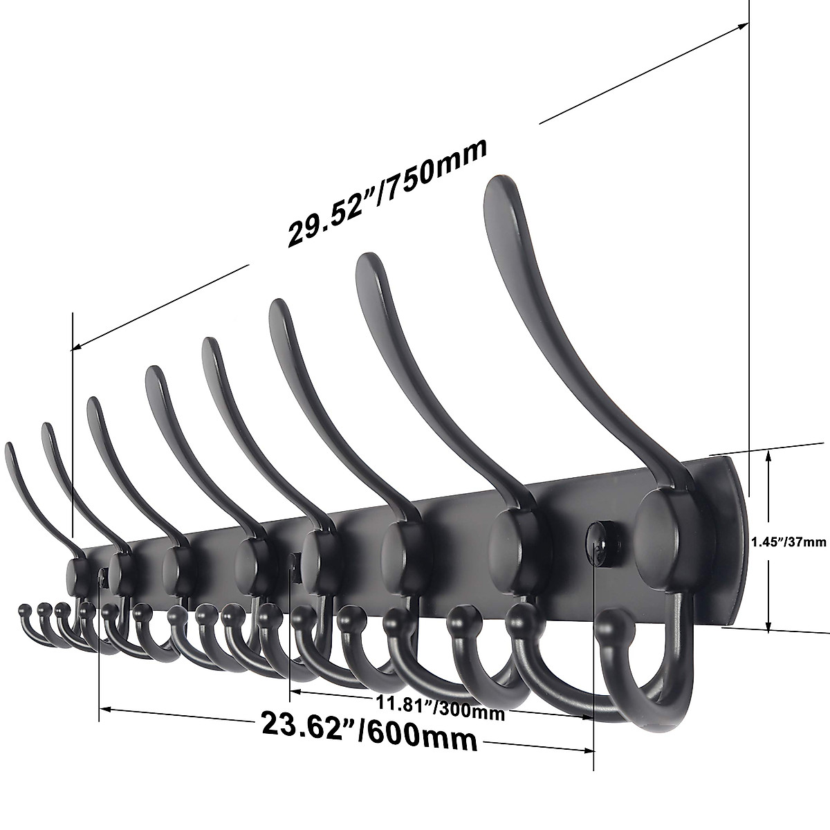 WEBI Coat Rack Wall Mount Long,8 Tri Hooks for Hanging Coats,30 inch Hook Rack,Hook Rail,Coat Hanger Wall Mount for Clothes,Jacket,Hats,Black,2 Packs