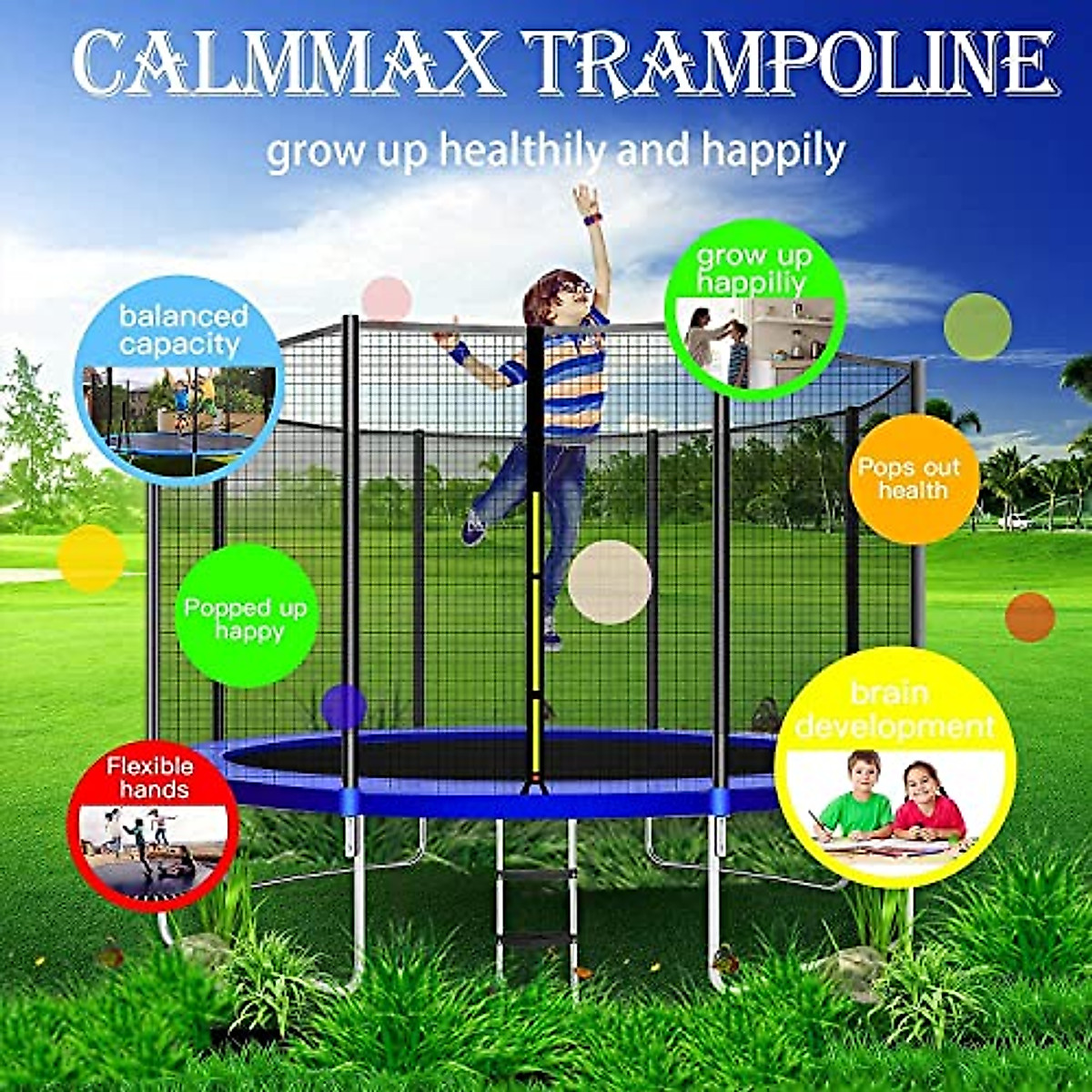 CalmMax Trampoline 12FT Jump Recreational Trampolines with Enclosure Net - ASTM Approved - Combo Bounce Outdoor Trampoline for Kids Family Happy Time