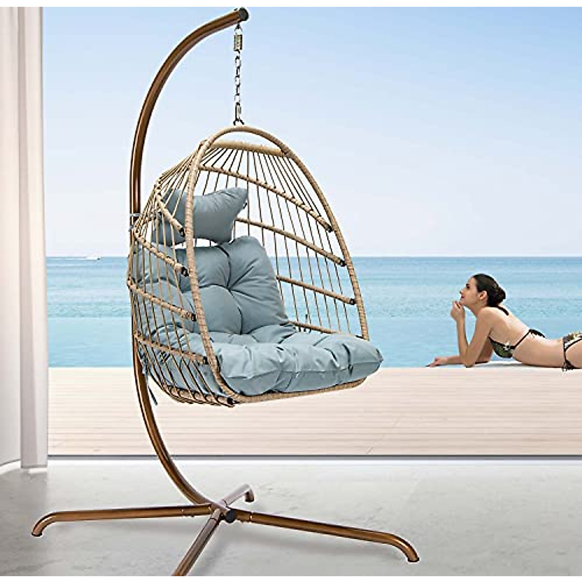 RADIATA Foldable Wicker Rattan Hanging Egg Chair with Stand, Swing Chair with Cushion and Pillow, Lounging Chair for Indoor Outdoor Bedroom Patio Garden (Blue with Stand)