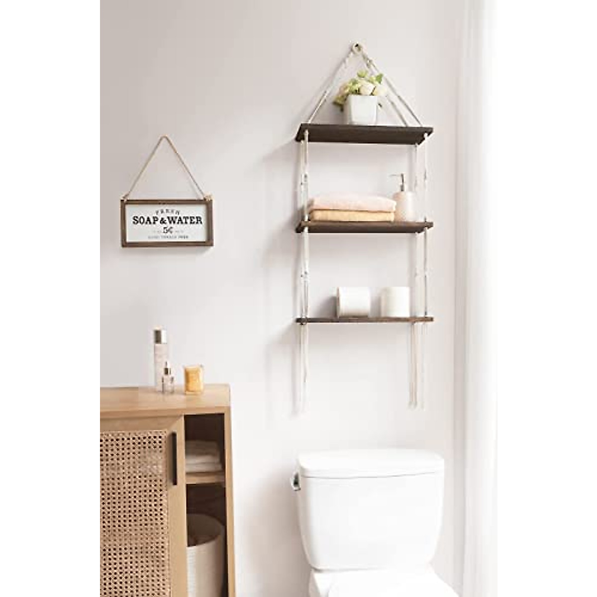 Mkono Macrame Wall Hanging Shelf 3 Tier Wood Floating Shelves with Cute Woven Rope Boho Room Decor Display Photos Plant Hanging Storage Shelves for Bathroom, Bedroom, Living Room, Nursery