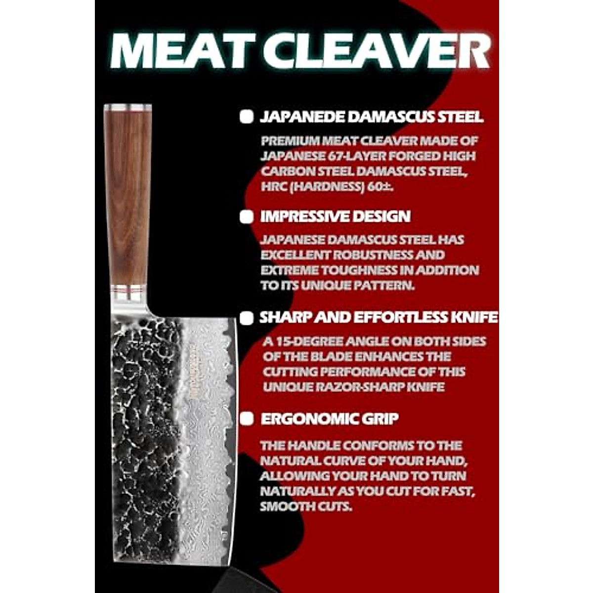 YOUSUNLONG Meat Cleaver 7 inch Vegetable Cleaver Japanese Hammer Damascus Steel - Natural Walnut Wooden Handle with Leather Sheath