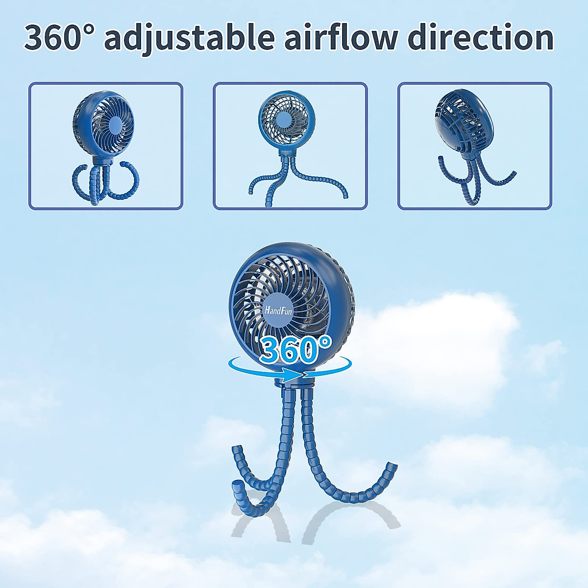 HandFun [2023 Upgraded] Stroller Fan, 5-26 Hours Long Last Stroller Fan Flexible Tripod Clip on for Baby, 360°Rotation Portable Rechargeable Fan for Car Seat Crib Bike Treadmill Peloton (Blue)