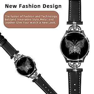 Shesyuki Luxury Genuine Watch Band with Case Compatible with Samsung Galaxy Watch 4&5 40mm 44mm，20mm Band with Glitter Screen Protector Case,Metal D-Shape Leather watch strap for Women