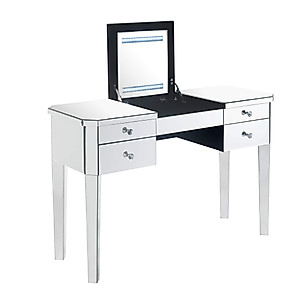 Inspired Home Mirrored Vanity Table - Design: Marabelle | 4 Drawers Lift-up Top | LED | Jewelry Holder | Cosmetics Organizer