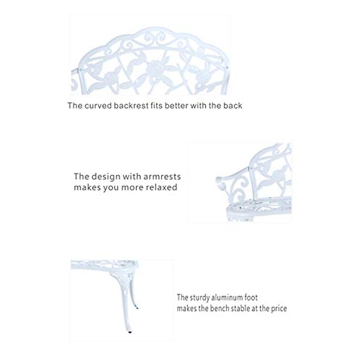 C/G Patio Balcony Bench Double Seat, Anti-Rust Cast Aluminum Patio Garden Bench for Park Yard Outdoor Furniture White