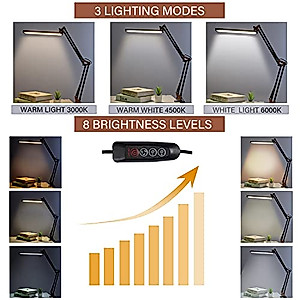 paugeory LED Lamp, LED Swing Arm Lamp with Jig, 3 Color Modes, Level 8 Dimmer Eye Protection Lamp, for Home Office, Study, Reading, Dorm, Studio, with USB Adapter (Black and Gold)