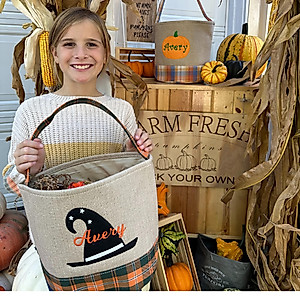 MT WORLD Kids Halloween Trick or Treat Bucket Reusable Canvas Halloween Tote Bag Personalized Candy Bucket Witch Hat Basket for Halloween Party Favor Supplies Gifts (Witch Hat)