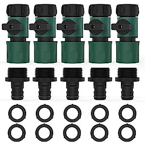 Asgens Hose Quick Connector, 5 Sets 10 PCS 3/4 Inch Garden Hose Fitting Quick Connector Adapter Male and Female Set with Shut-Off Valve Switch,10PCS Extra Rubber Washers