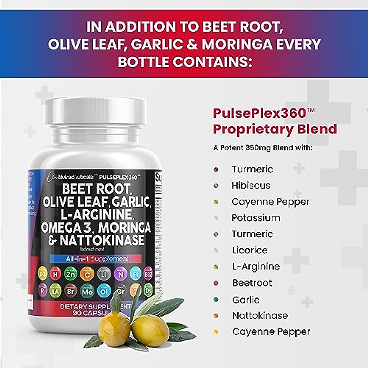 Beet Root Capsules 6000mg Olive Leaf 6000mg Nattokinase 4000 FU Garlic Extract 2000mg L-Arginine 400mg Omega 3 Red Yeast Rice Hibiscus Danshen - Healthy Support Supplement - 90 Ct