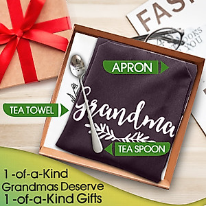 Grandma Gifts Set – 3Pc.,100% Cotton Grandma Apron with Matching Tea Towel and Engraved, Stainless Steel Tea Spoon – Great Grandmother Gifts for Grandma, Mothers Day or Grandma Birthday Gifts