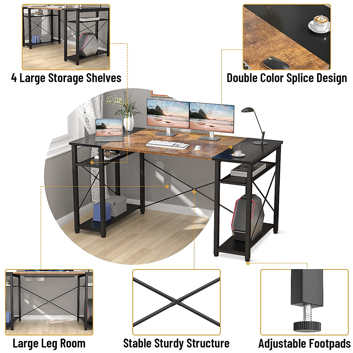 Ecoprsio 55 Inch Computer Desk, Large Office Desk with 4 Storage Shelves, 55'' Study Writing Table with CPU Stand, Sturdy PC Desk for Home Office, Bedroom, Gaming Room, Rustic and Black