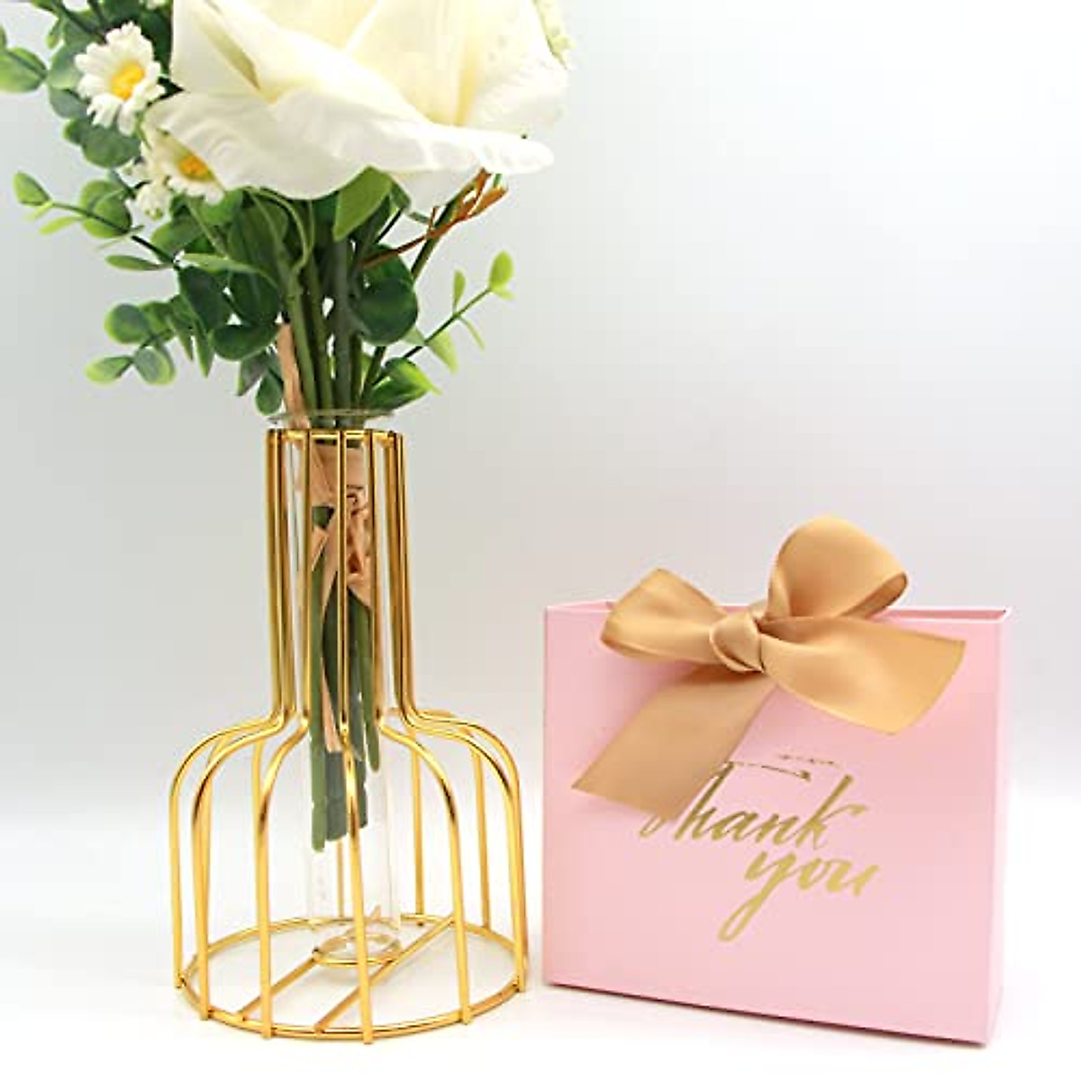 Pink Gift Bags 25Pack Extra Small Size Thank You Paper Gift Bags with Gold Bow Ribbon, 4.5x1.7x3.9 Mini Party Favor Treat Boxes for Wedding, Baby Shower, bridal, Holiday Gifts Bulk