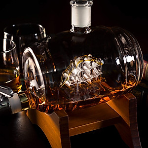 Atterstone Barrel Whiskey Decanter Set. Bourbon, Scotch, Brandy, Whisky Decanter Set. 2 Heavy Crystal Whiskey Glasses, 9 Chilling Whisky Stones & Funnel for Liquor - 1000ml Whiskey Barrel Decanter
