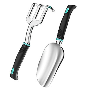 V.C.Formark Heavy Duty Garden Hand Tools, Aluminum Soil Scoop with Ergonomic Handle, Metal Garden Rake - Easy to Loosen Soil, Ideal for Transplanting, Digging, Cultivating, Weeding and Sowing