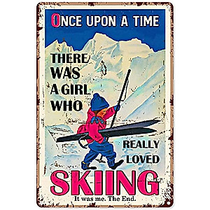WZVZGZ Funny Metal Tin Sign Wall Decor Vintage Ski Skiing Brown Haired Girl Metal Poster Plaques for Home Living Room Kitchen Cafe Bar Wall Decor Tin Sign Metal Signs Vintage 8x12 Inch