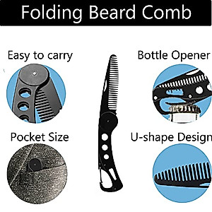 Folding Stainless Steel Beard Comb Mustache Comb for Men Beard Care,Beard Styling Pocket Hair Comb with Bottle Opener,Daily Beard Grooming Comb