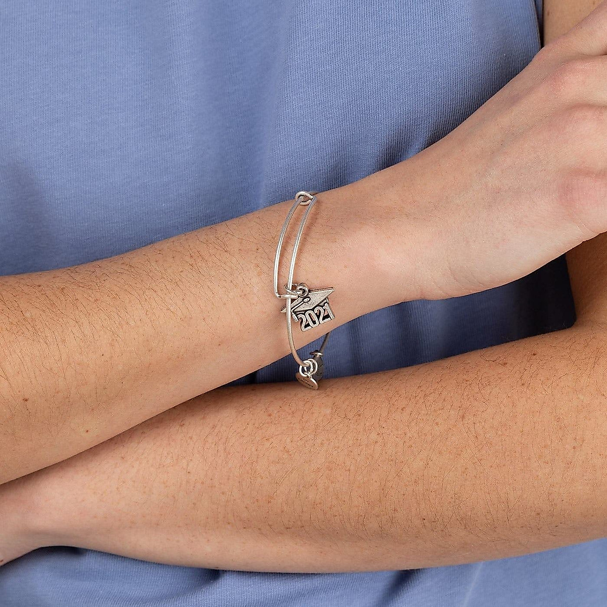 Alex and Ani Connections Expandable Bangle for Women, 2021 Graduation Cap Charm, Rafaelian Silver Finish, 2 to 3.5 in