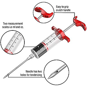Meat Injector Syringe,Stainless Steel Food Seasoning Syringe Kit with 1pc Barbecue Brush, 2pcs Needles and 1pc Needles Cleaner, Great for BBQ, Grilling, Baking and Cooking
