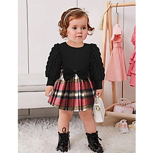 Qaoerde Baby Girl Dresses 12-18 Months Baby Girl Dress Puff Sleeve Red Plaid Dress Ribbed Baby Girls' Dresses Baby Dresses 12-18 Months Baby Girl Fall Dress Baby Girl Winter Dress Christmas Outfit