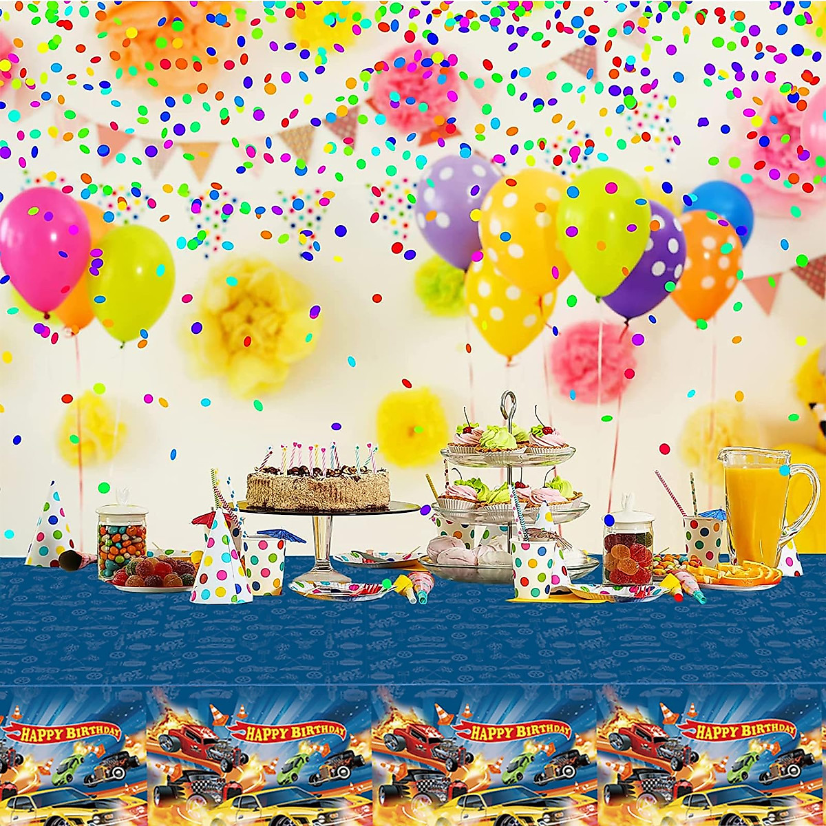 Hot Race Car Themed Party Decorations, Car Wheel Birthday Party Supplies Include Plastic Table Covers(42.5x70.8inch) and Photography Backdrop(59x39inch) for Kids Truck Party Favors