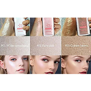 3 Color Glitter Powder Highlighter Makeup, Body Brightens the Natural Three-Dimensional Face Blusher Fairy Highlight Patting Powder.
