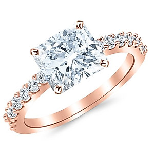 0.93 Carat 14K Rose Gold Classic Prong Set Cushion Cut Diamond Engagement Ring (D Color SI1 Clarity Center Stones)
