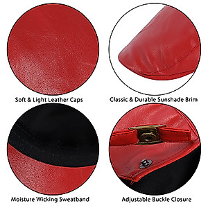 DOCILA Red Leather Flat Herringbone Caps Buckle Adjustable Pageboy Hat Portable Newsboy Hunting Cap (Red)