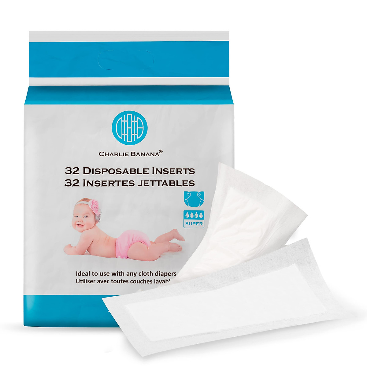 Charlie Banana Absorbent Disposable Inserts for Cloth Diapers, Hybrid Cloth Diaper System, 32-Pack
