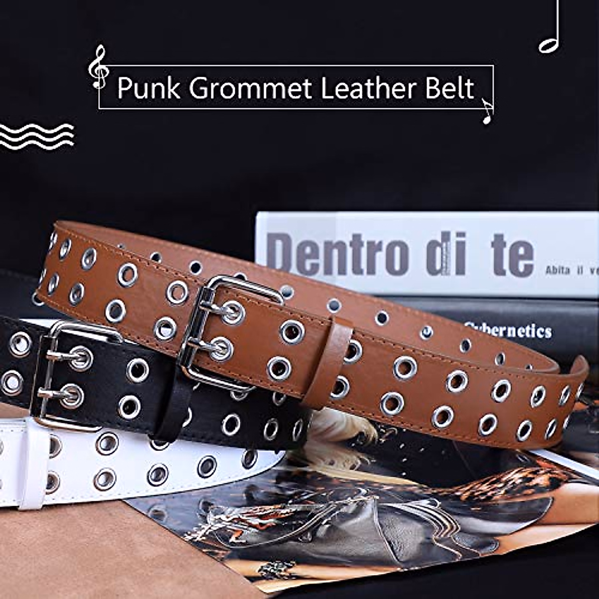 XZQTIVE Double Grommet PU Leather Belt for Women/Men Punk metal Jean Belt Wide 1.5 Inch, Black, Fit Pants 35-40 inch