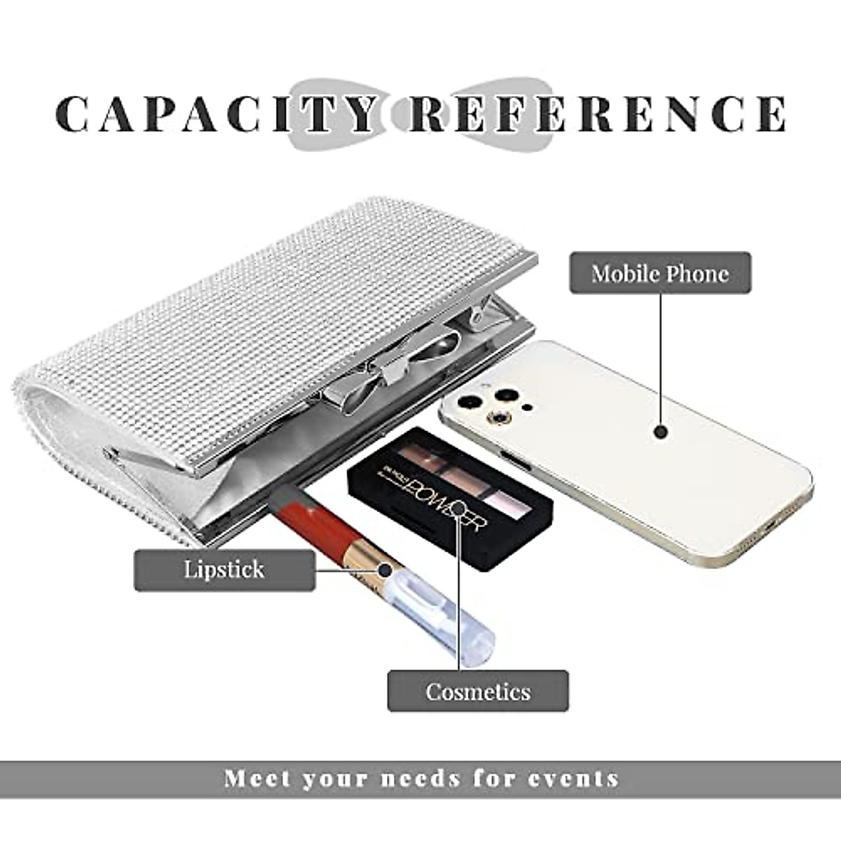 Ynport Women’s Evening Handbags Silver Rhinestone Evening Clutch Crystal Wedding Party Formal Shoulder Bag Purse for Bride