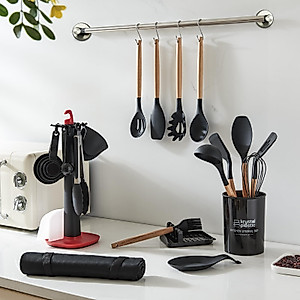 40 Pcs Cooking Utensils Set with Apron Silicone Turner Tong Spatula Spoon Kitchenware Organizer, BPA Free, Non-stick Heat Resistant Kitchen Gadgets Cookware with Natural Wooden Handle, Black